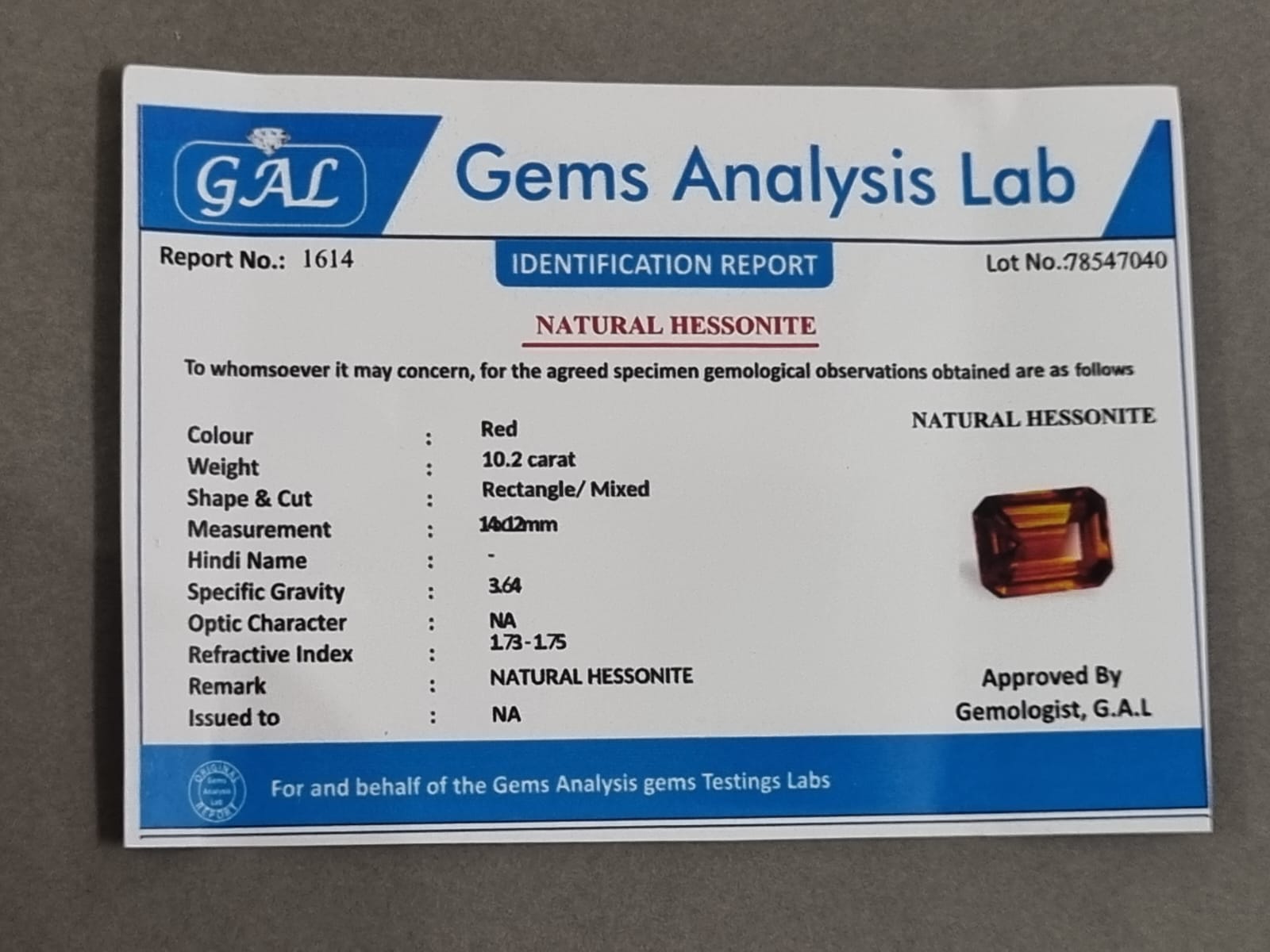 Gomed Stone | 10 Carat | With Certificate | Africa | Gomedhikam stone